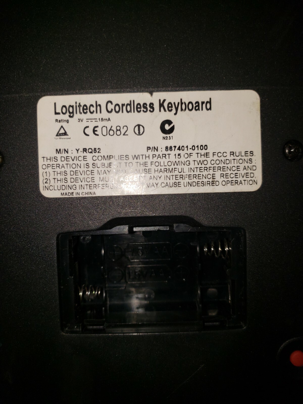 Logitech KEYBOARD CORDLESS WIRELESS Black Model# Y-RQ52 RT7R32 no ...