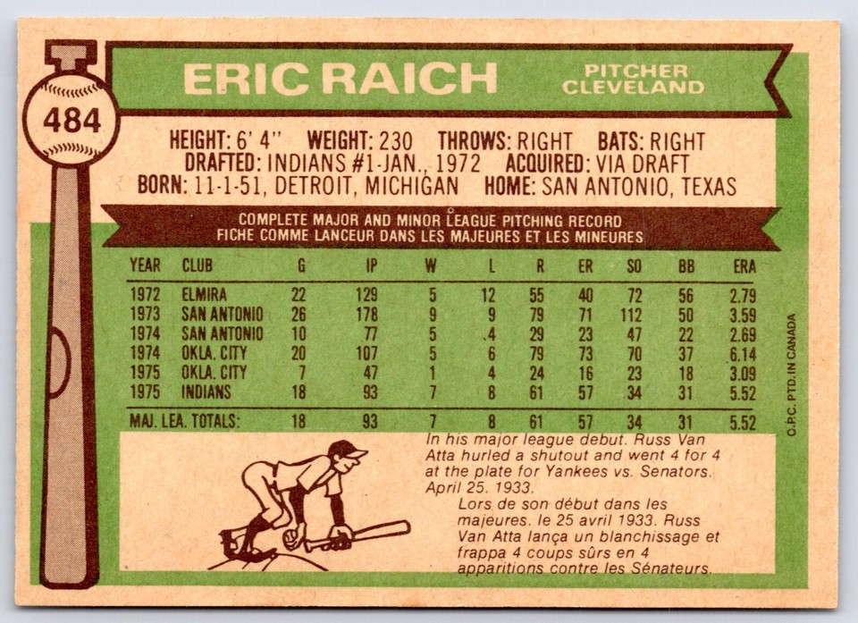 ERIC RAICH 1976 O-PEE-CHEE 76 NO 484 NRMINT+ 57011 | eBay