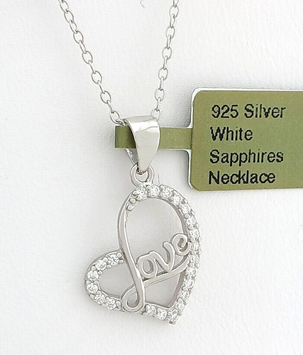 LAB-CREATED WHITE SAPPHIRES HEART PENDANT NECKLACE .925 Sterling Silver ...
