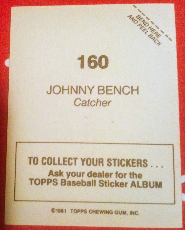 1981 Topps Baseball Stickers #160 Johnny Bench Cincinnati Reds ⚾ FREE ...