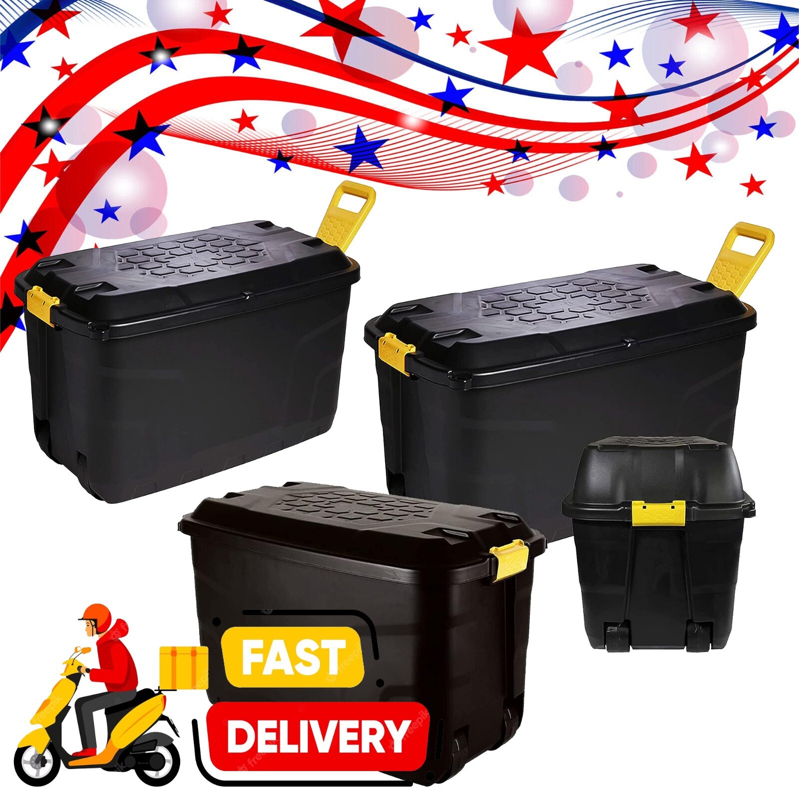 145L or 110L XL Heavy Duty Black Plastic Storage Trunk With Lid, Wheels ...
