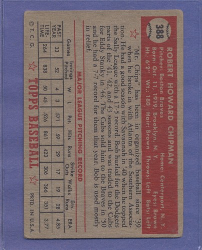 1952 Topps Bob Chipman #388 HIGH NUMBER Boston Braves LOW GRADE ...
