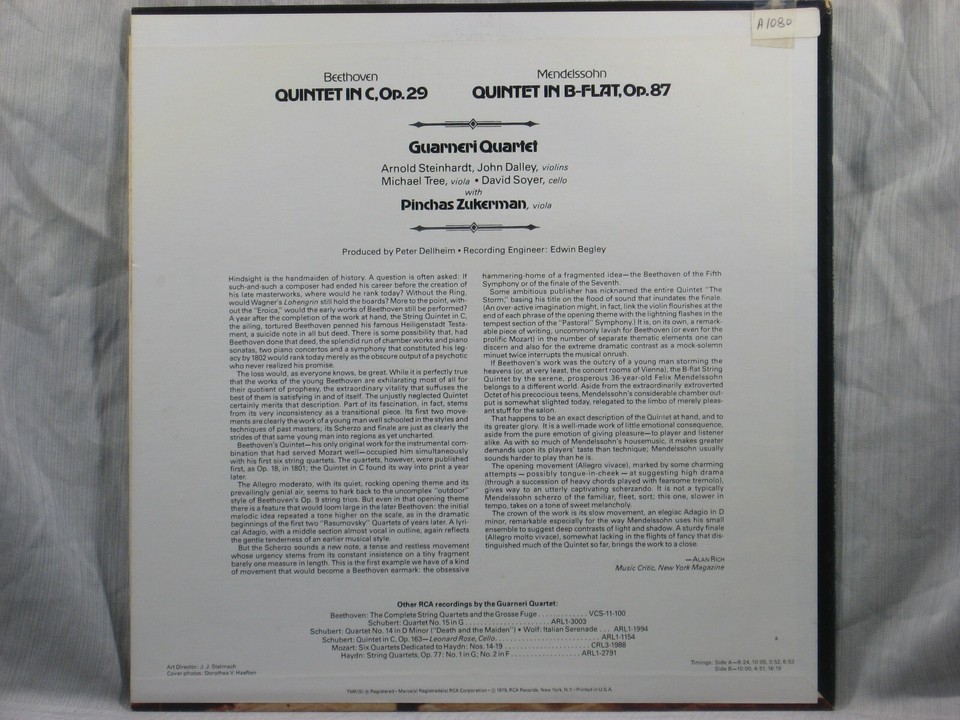 Beethoven & Mendelssohn Quintets - Guarneri Quartet, Zukerman - RCA ...