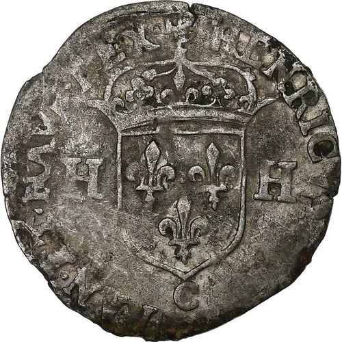 France, Henry IV, Douzain aux deux H, 1590, Saint-Lô, Billon, VF+ ...