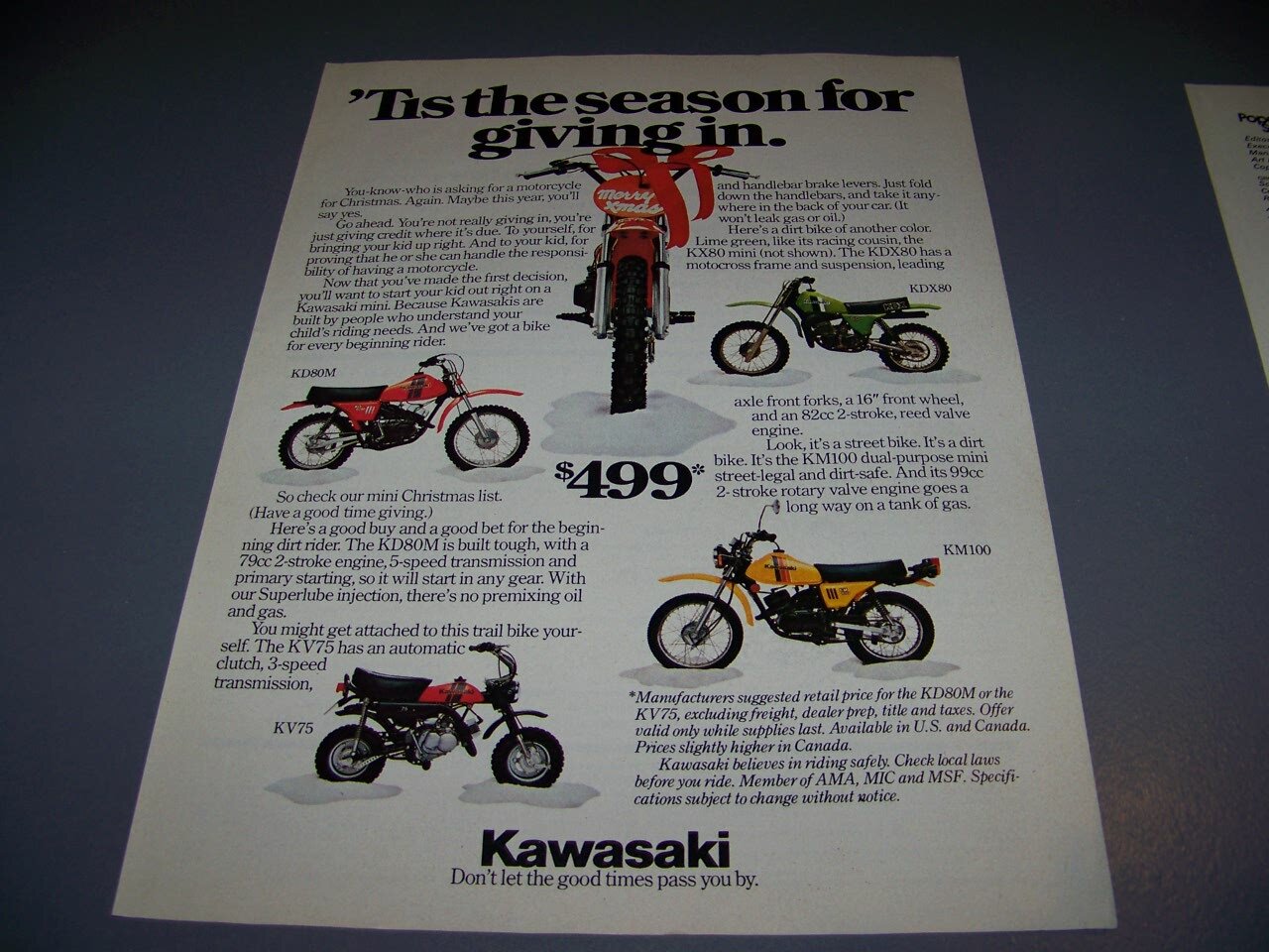 VINTAGE..1979 KAWASAKI KD80M/KV75/KDX80/KM100...COLOR SALES AD...RARE ...