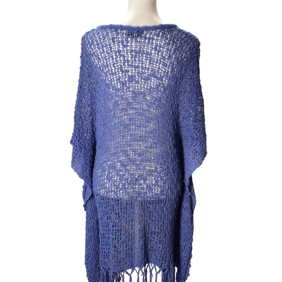 Lani Lau Hawaii Blue Crochet Knit Tunic Top Cover Up Fringe Hem Boho ...