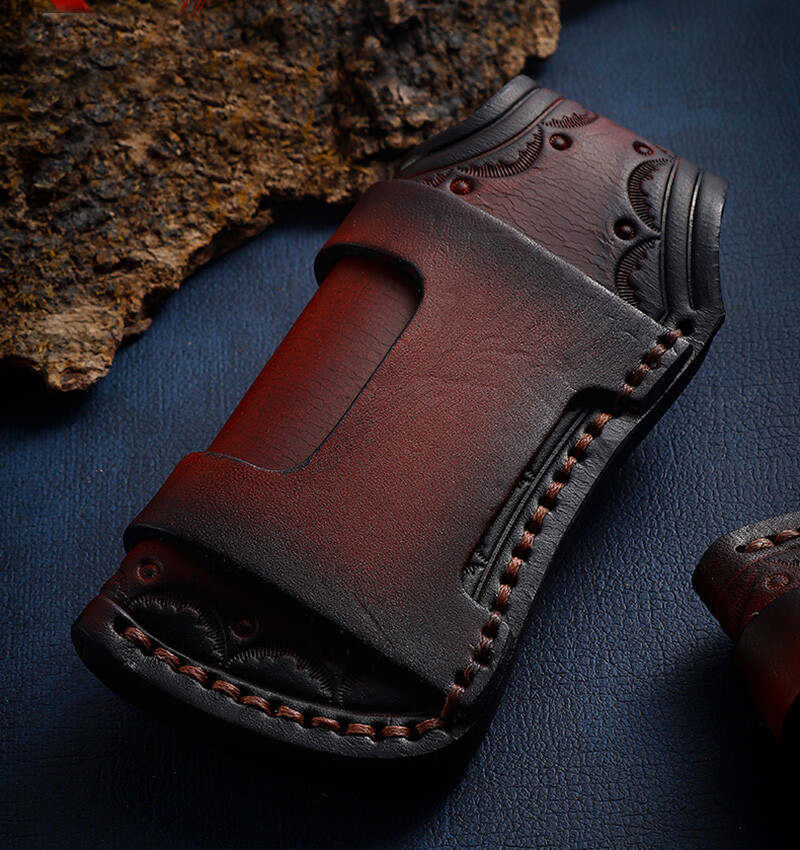 Hand Made Carved Cow Leather Sheath For 4.7" Folding Knife Cover Pouch ...