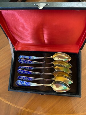 1970 Set of 6 Tea Enamel Spoons Vintage USSR Gilt Sterling Silver 875 ...