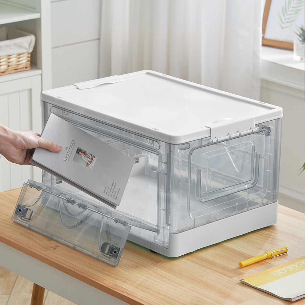 Stacking Storage Box with Lid Foldable Plastic Organizer Books Clothes ...