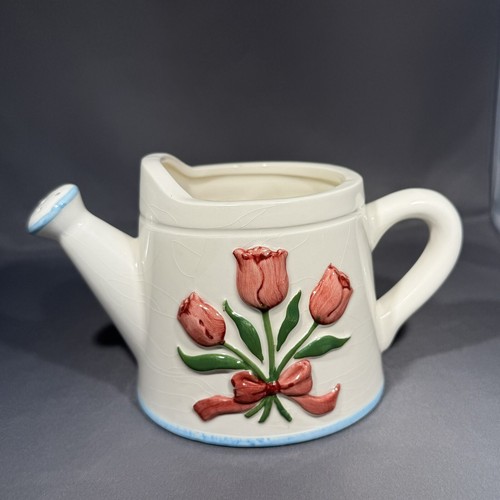 Vintage Ceramic Watering Can Mug or Planter - Decorative Red Tulips ...