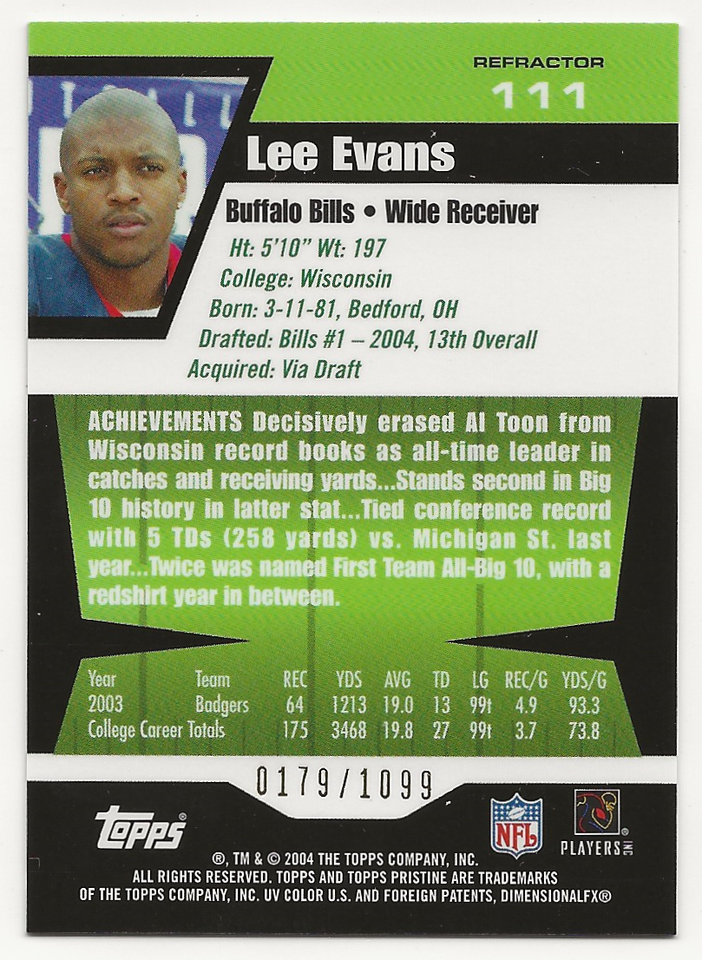 2004 Topps Pristine #111 Lee Evans Rookie Refractor 0179/1099 BILLS | eBay