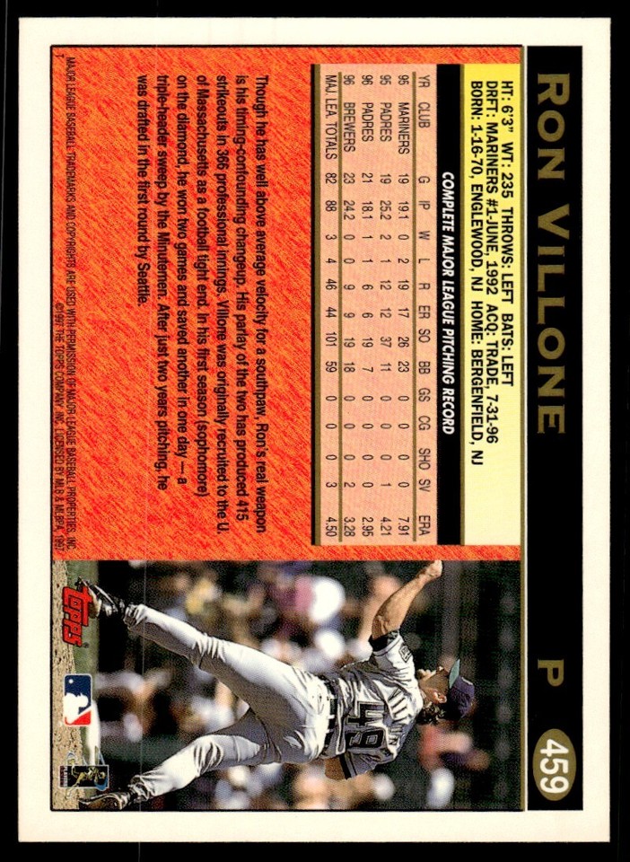 1997 Topps Baseball Card Ron Villone p Milwaukee Brewers #459 | eBay