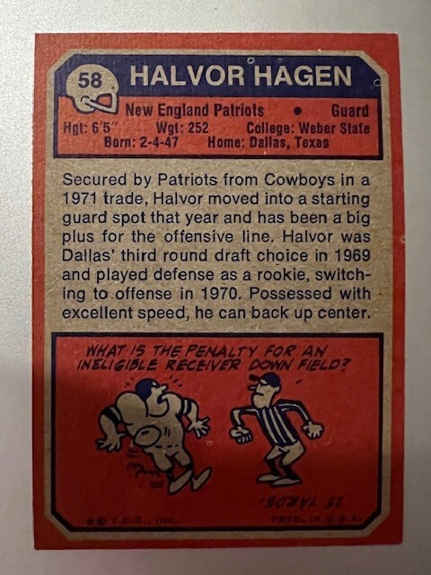 QTY: 1973 Topps Football - Halvor Hagen ( Patriots ) Rookie #58 - VG+ ...
