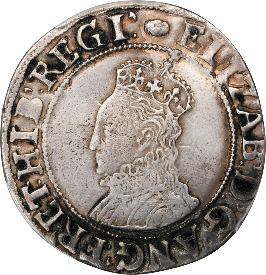 (1592-95) ENGLAND ELIZABETH I SHILLING LONDON MINT; MM: TUN PCGS XF ...