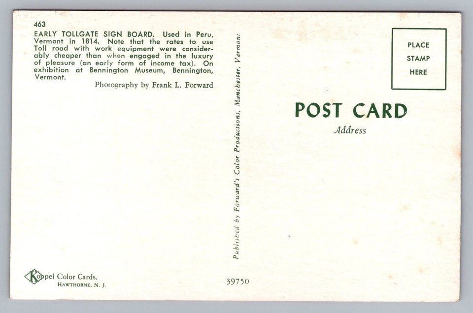 Postcard Rates Of Toll, Early Tollgate Signage Board, Peru, Vermont | eBay