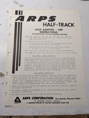 ARPS TRACTOR HALF-TRACK AXLE ADAPTER INSTRUCTIONS PARTS LIST H89 CASE ...