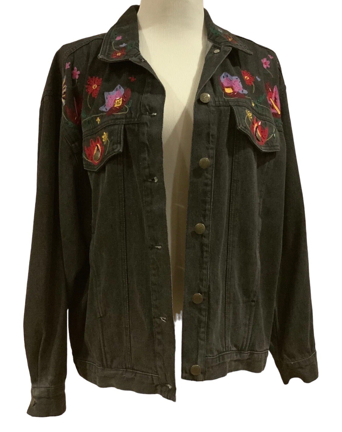 Carole Little Sport Black Denim Jacket Beads Crewel Embroidery BOHO ...