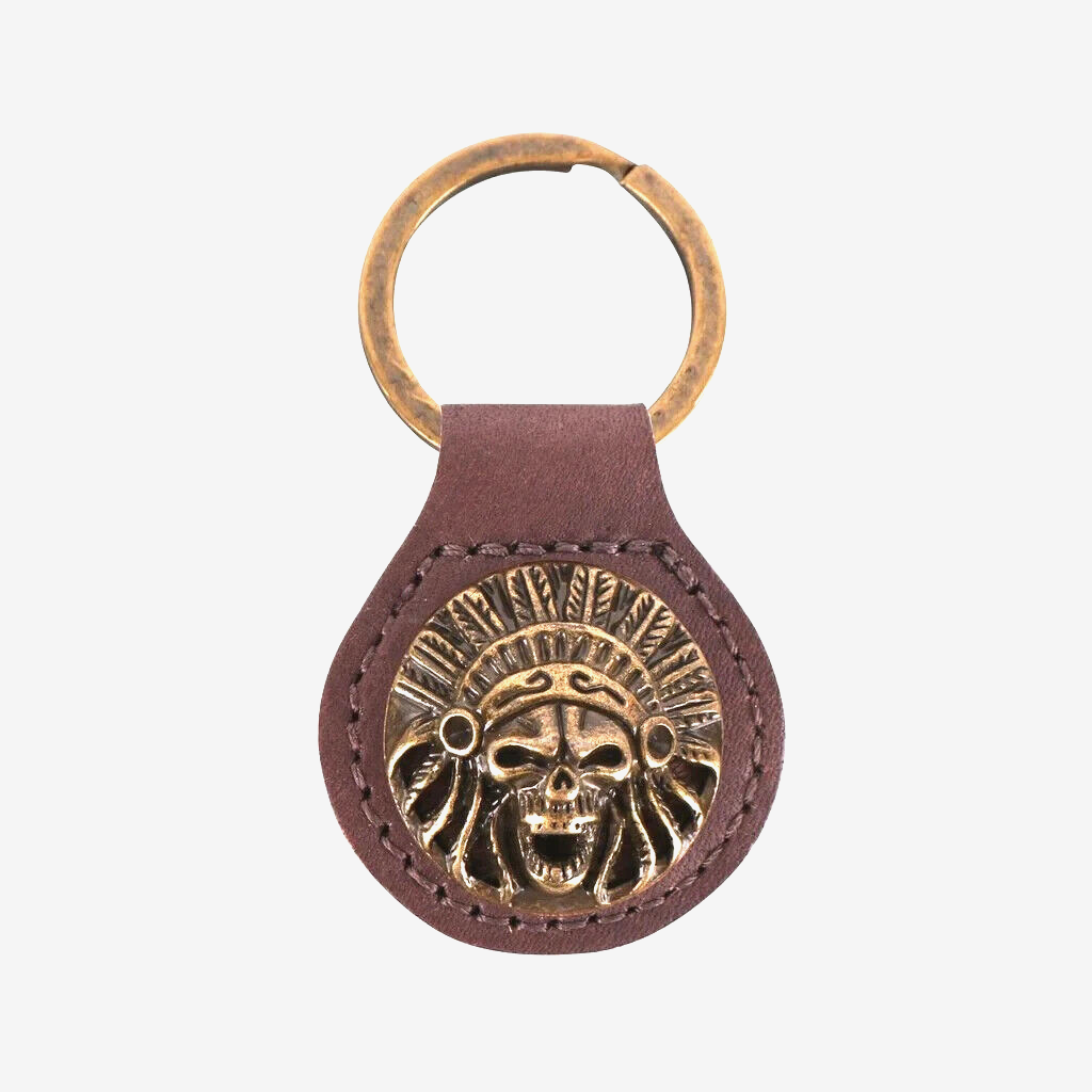 Leather Indian Chief Skull KeyChain Coffee Color Westerrn Montana West ...