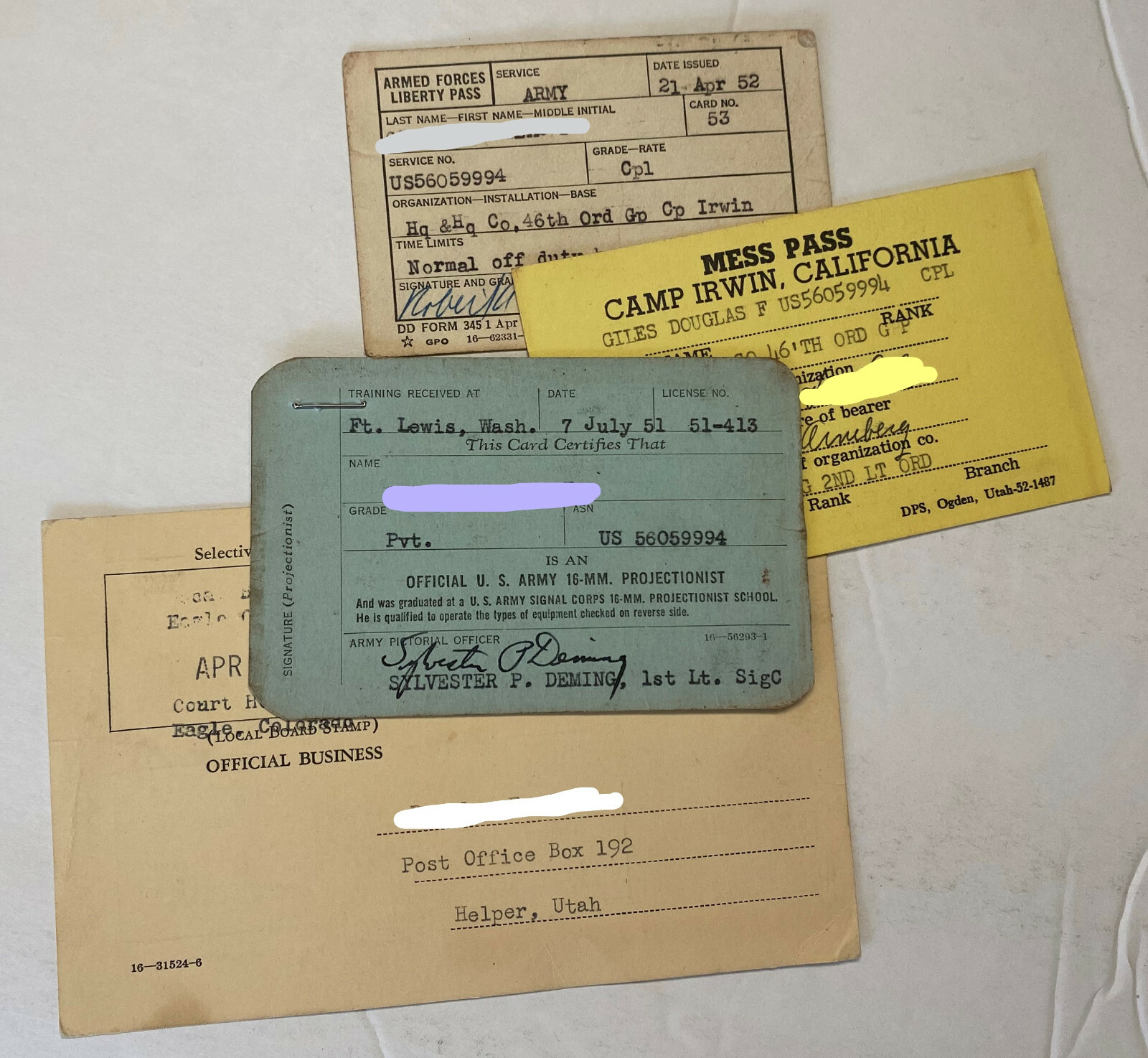 KOREAN WAR US ARMY SERVICEMAN LIBERTY PASS & CARDS FT LEWIS CAMP IRWIN ...