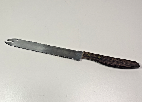 Vtg Carving Slicing Knife 12.5" Double Serrated Forked Tip Wood Handle ...