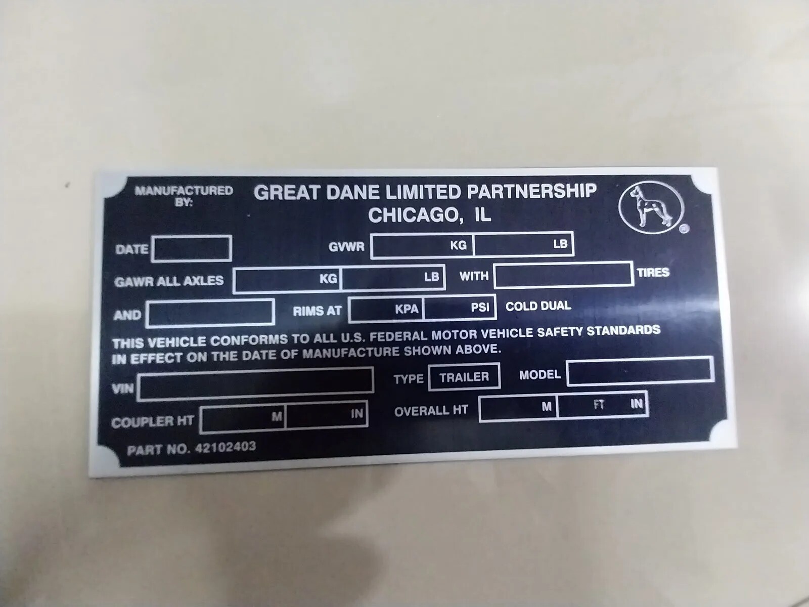 Aluminum Data Plate Great Dane Truck Trailers ENGRAVED | eBay