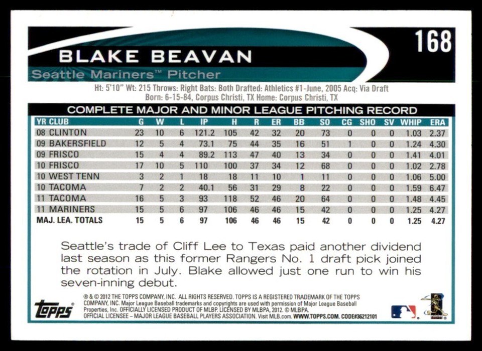 2012 Topps Baseball #168 Blake Beavan | eBay