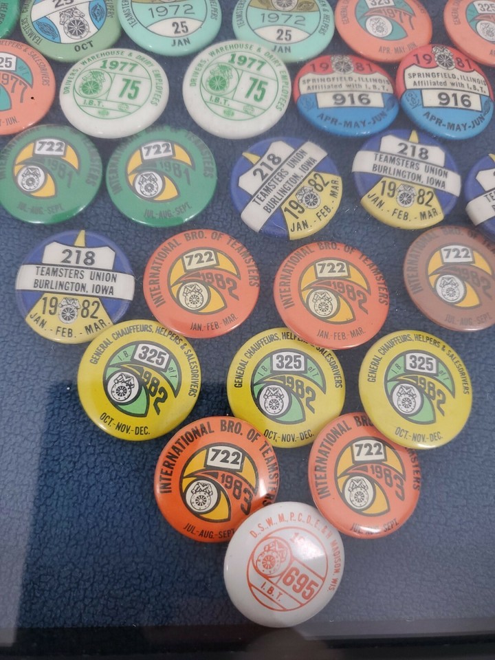 framed display lot 55 vintage 1970s 80s TEAMSTERS PINS Union IBT metal ...