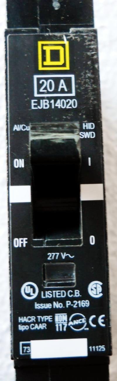 SQUARE D EJB14020 CIRCUIT BREAKER, EJB TYPE, 20A 1POLE 277VAC - USED w ...