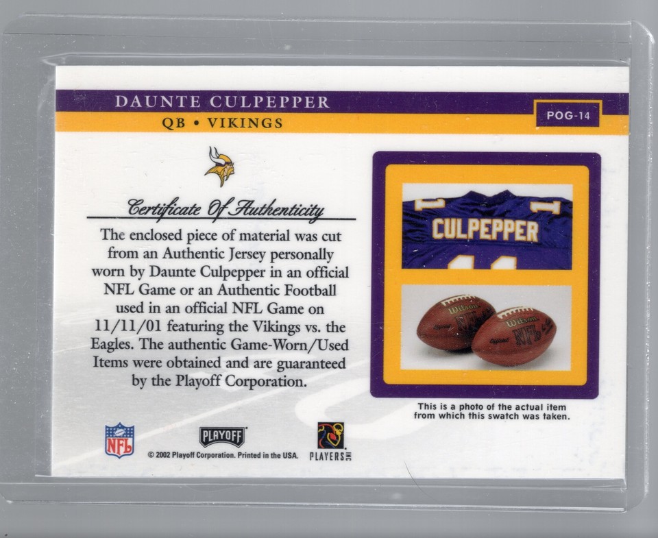 Daunte Culpepper 2002 Playoff Piece of the Game #POG-14J Orange Vikings ...