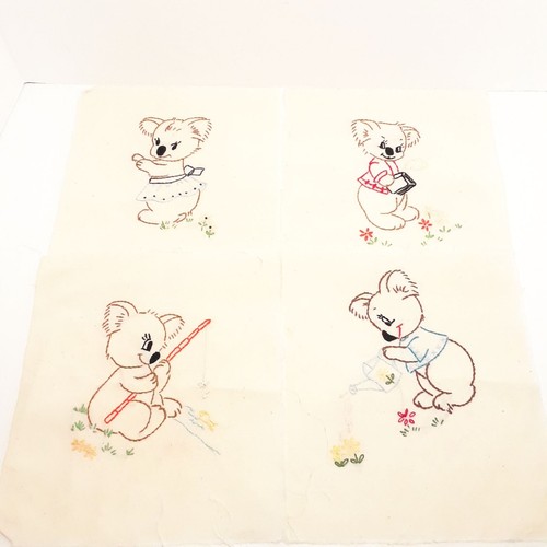 Koala Bear Hand Stitched Embroidered Panel Lot of 4, Craft Quilt DIY ...