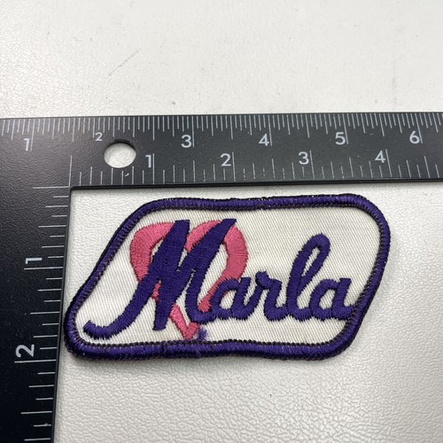 Vintage Retro Fancy Pink Heart Name MARLA Patch (Cursive Purple Letter ...