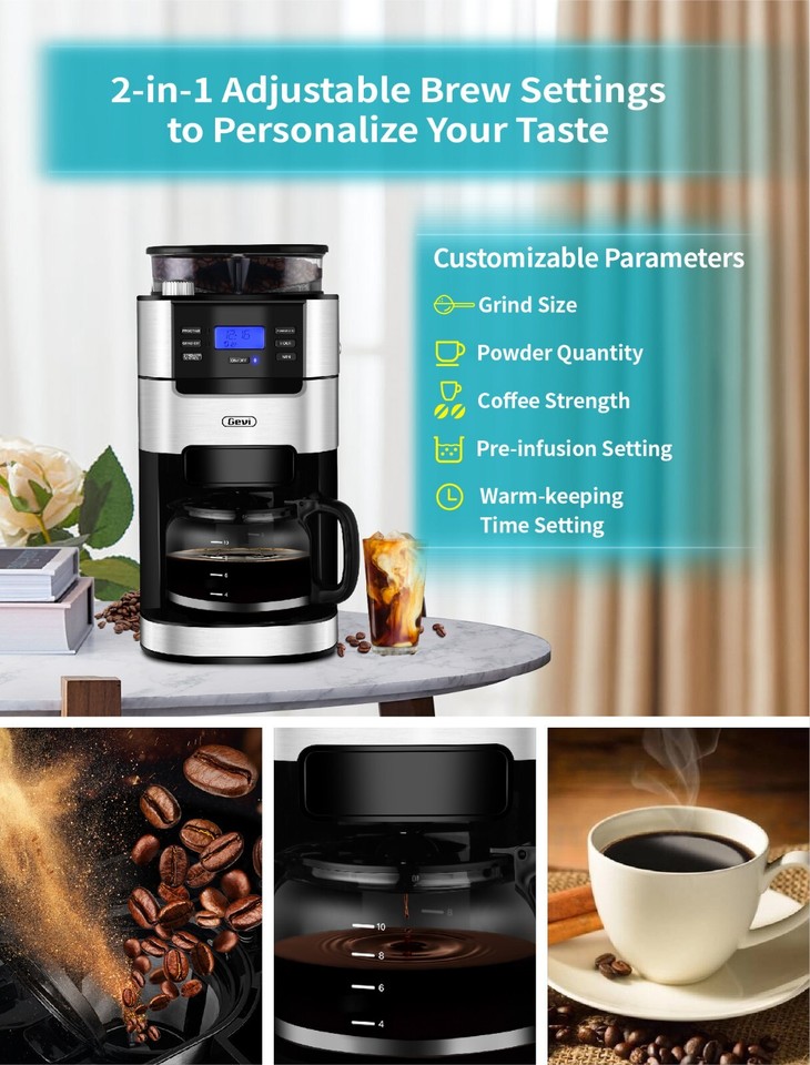 Gevi Programmable 10 Cup Grind and Brew Coffee Maker with Built In ...