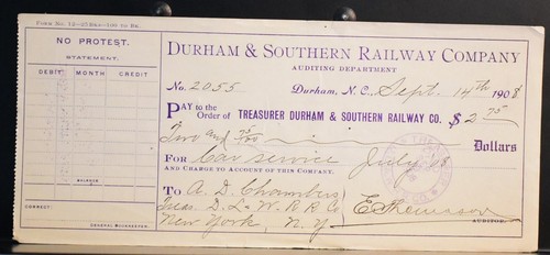 Durham & Southern Railway Company North Carolina 1908 Antique Bank ...
