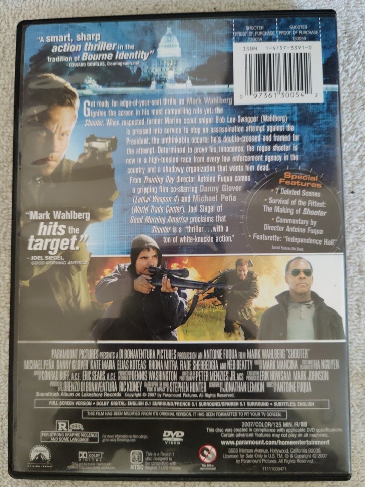 Shooter (DVD, 2007) Full Screen Action, Thriller, Mark Wahlberg, Kate ...