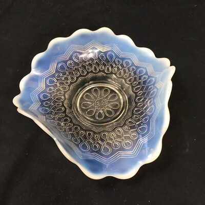 Vintage Clear Glass Dish White Opalescent Rim Curled Sides Scalloped ...