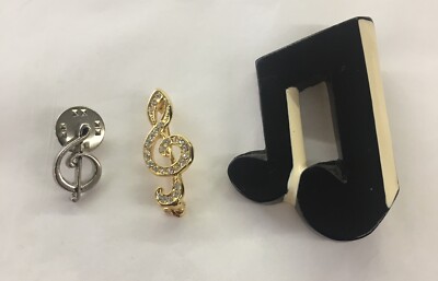 Lot Of Three Music Note & Clef Pins, Tie Pin, Rhinestone Brooch ...