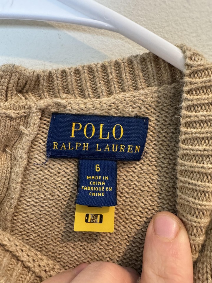 Polo Ralph Lauren Sweater Boys 6 Tan Blue POLO Logo Cotton Crewneck ...