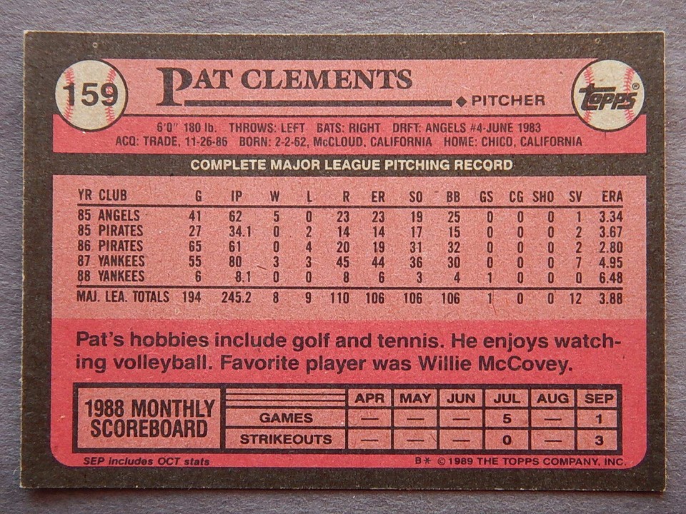 Pat Clements #159 Topps 1989 Baseball Card (New York Yankees) | eBay