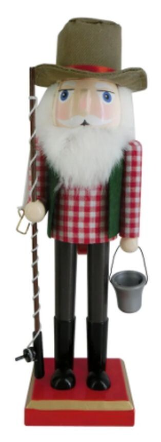 Wooden Christmas Nutcracker, 10", FISHERMAN IN BROWN HAT W/ROD & BUCKET ...