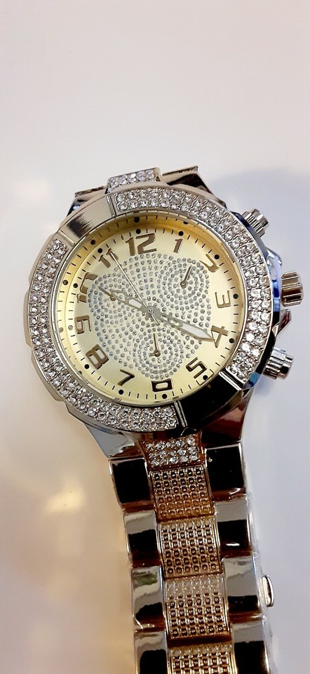 Men Iced Watch Bling Rapper Simulated Diamond Metal Band Gold Black Hip ...