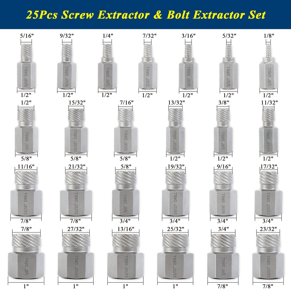 Screw Extractor Set 25 PCS Heavy Duty Hex Head CR-MO Steel Multi-Spline ...