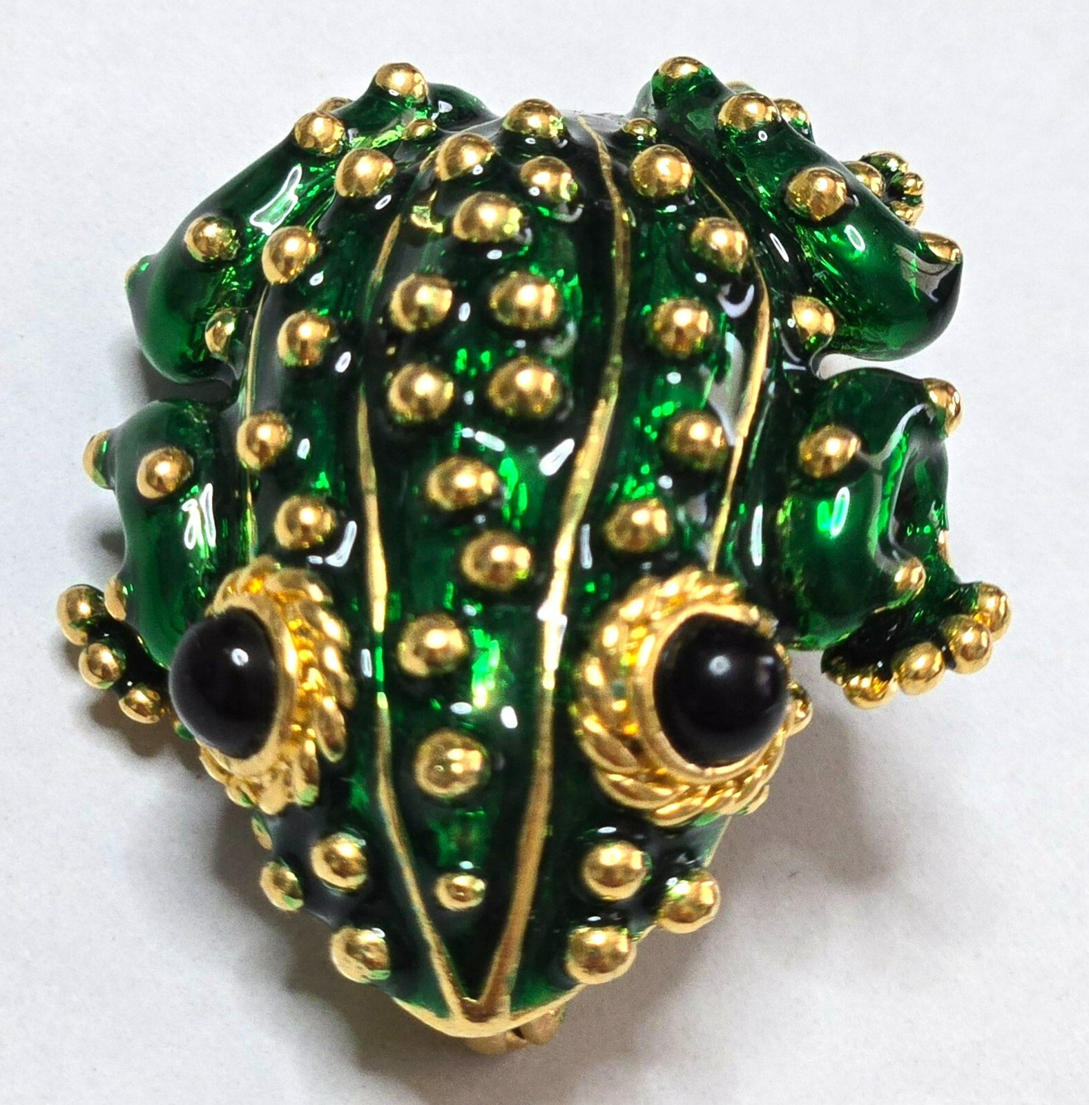 Vintage Green Gold Spotted Enamel Frog Brooch - Gem