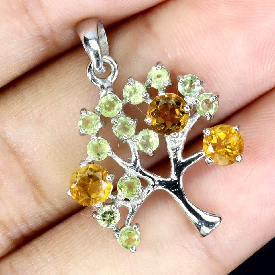 925 Sterling Silver Pendant Round Citrine 4mm Peridot Natural Gemstone ...