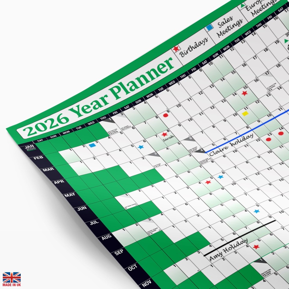 LAMINATED 2026 Calendar Planner Wall Chart Calender Wipeable FREE PEN ...