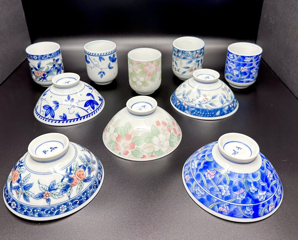 Japanese Porcelain Rice Soup Bowls & Tea Cups Set, Signed on Bottom 10 ...