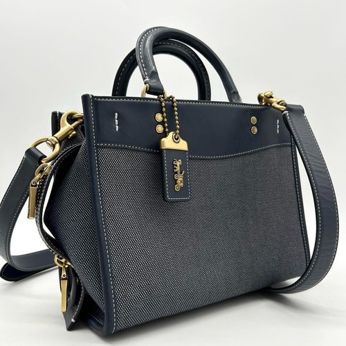 Excellent Condition COACH Rogue 25 2-Way Bag Dark Navy Canvas × Leather ...