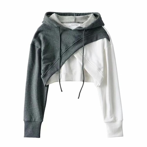 Womens Casual Irregular Two-Toned Hoodies Cropped Top Hooded Pullover ...