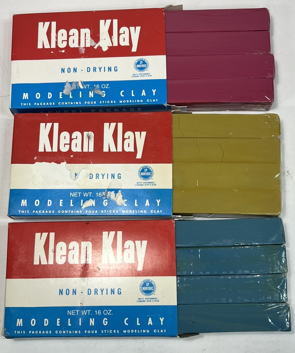 Vintage Klean Klay Non-Drying Modeling Clay Lot Of 3- Red, Yellow, Blue ...