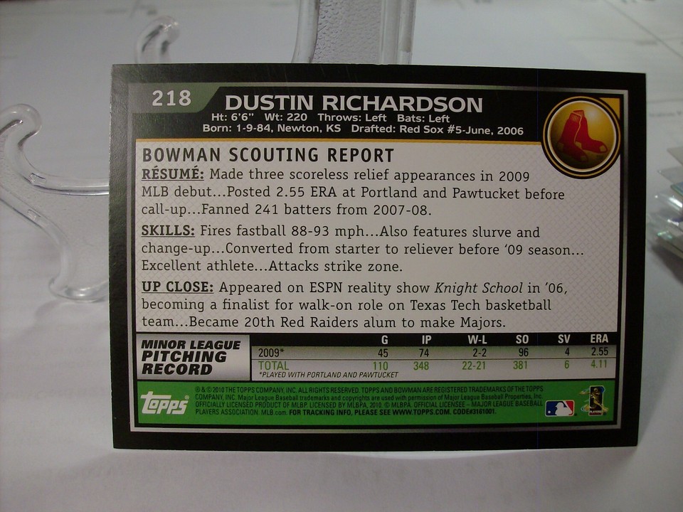 2010 Bowman Baseball #218 - Dustin Richardson RC - Boston Red Sox 10 ...