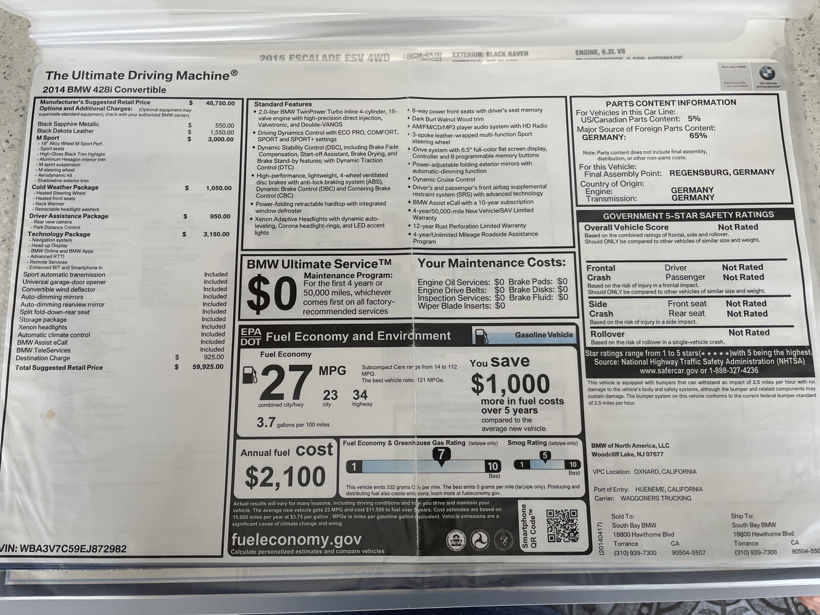 2014 BMW 428i Original MSRP Window Sticker | eBay